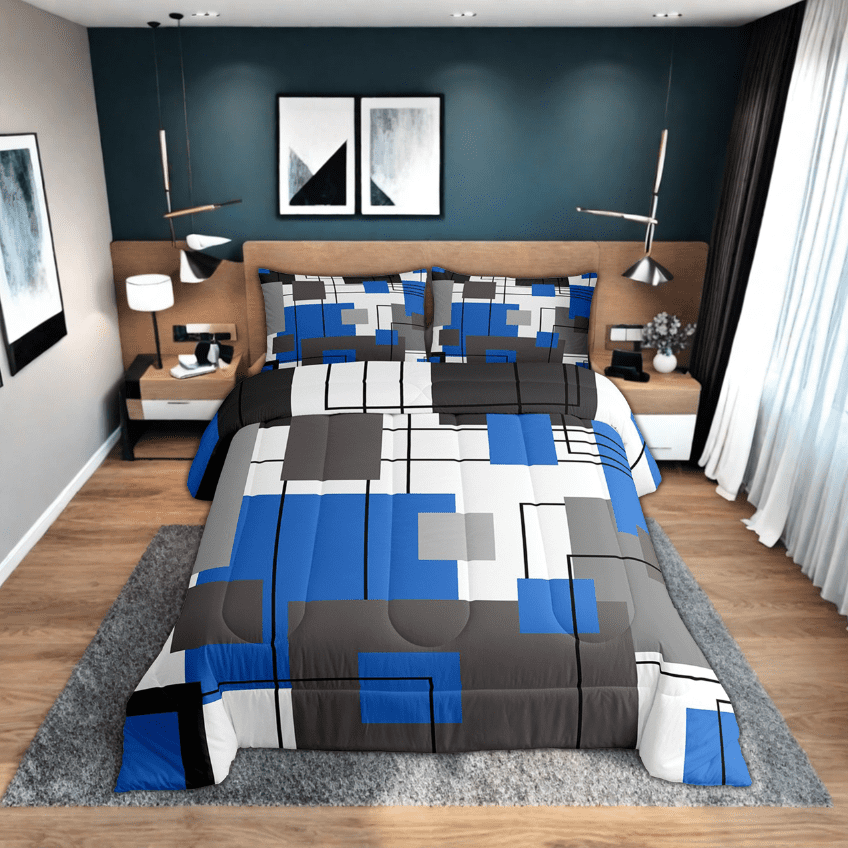 Erosebridal Teen Blue Square Bedding Set Queen Black Grey Geometric ...