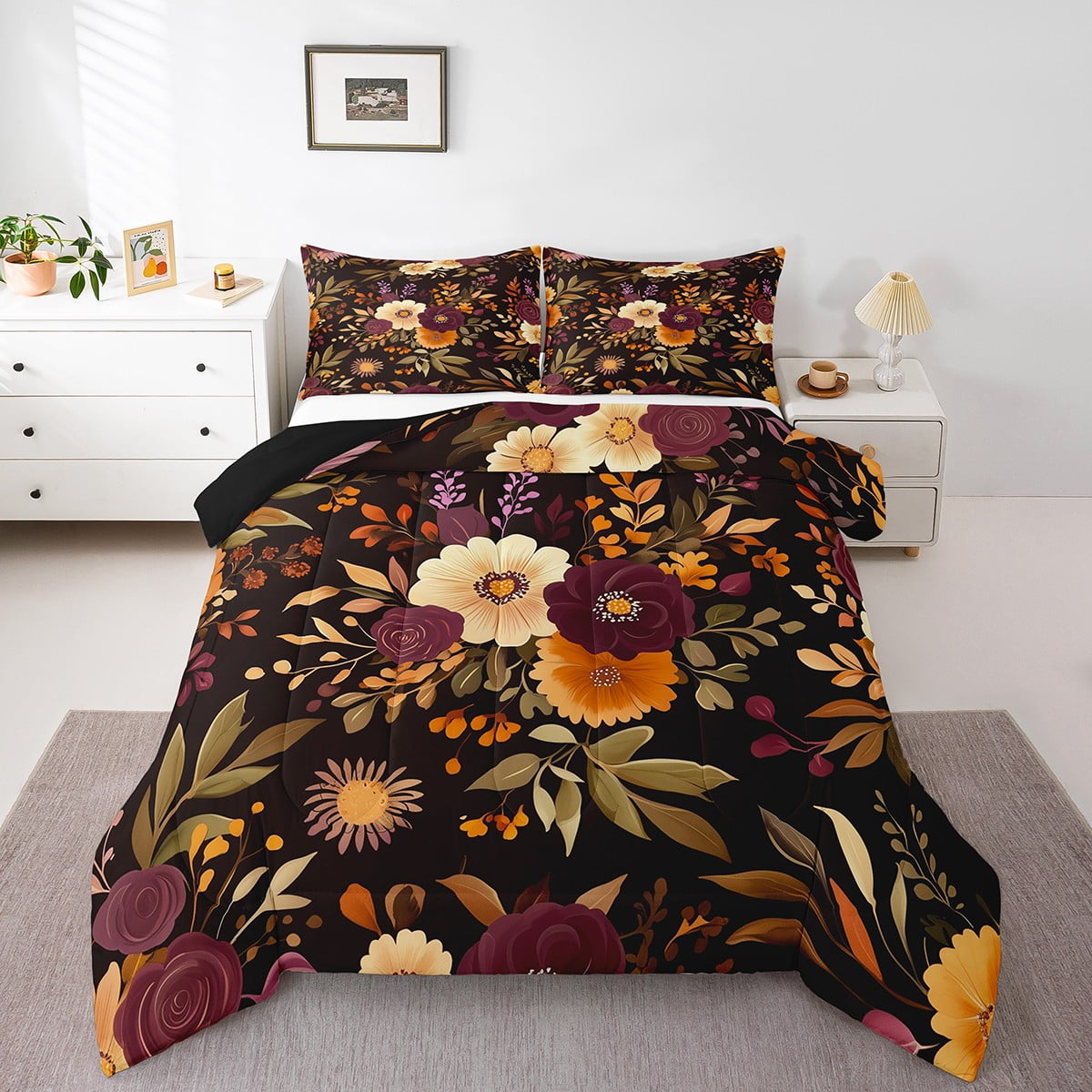 Erosebridal Floral Flower Comforter Sets Queen Size,Botanical Plants ...