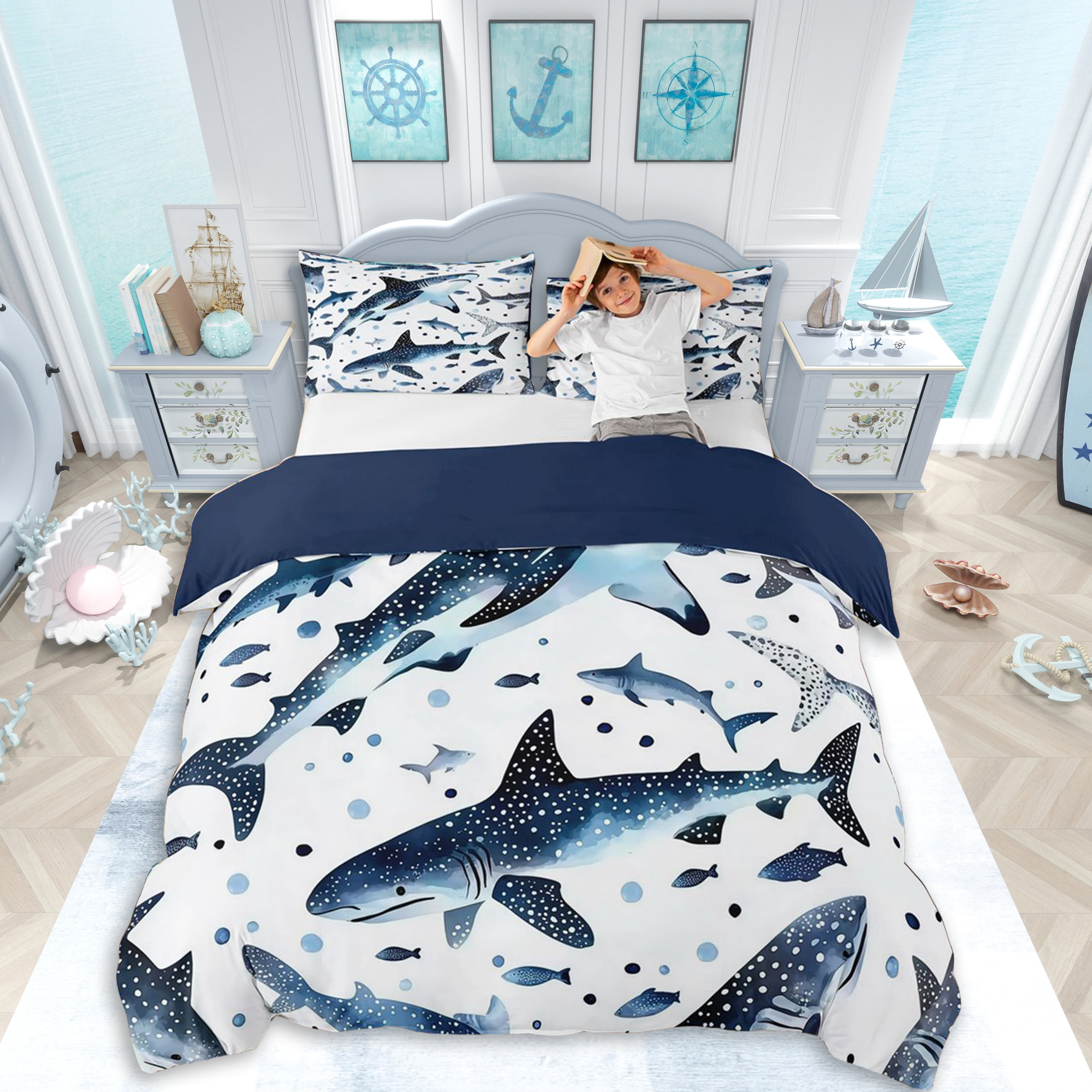 Erosebridal Teens Cartoon Sea Sharks Duvet Cover Set,Boys Girls Ocean ...