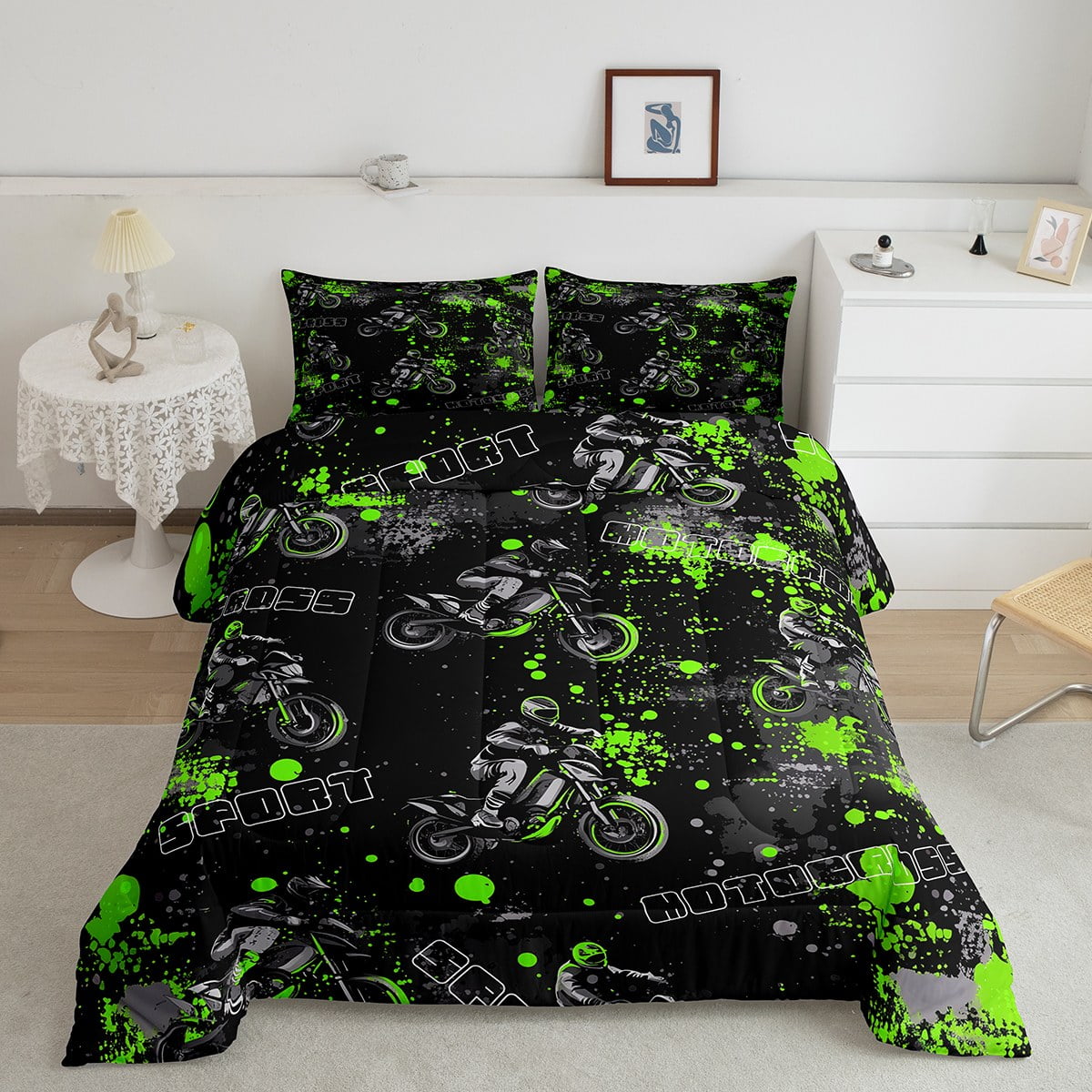 Erosebridal Teens Dirt Bike Bedding Full Comforter Set, Modern Motorcycle Down Comforter, Green ...