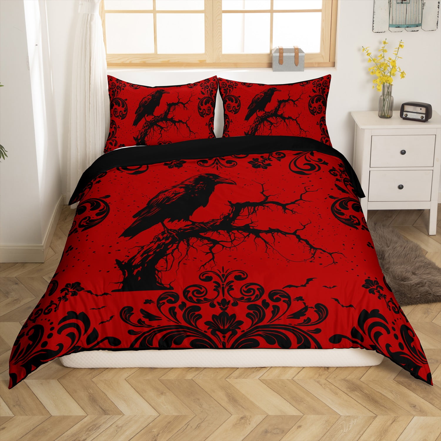 Erosebridal Teens Gothic Crow Comforter Cover Twin, Black Red Bedding ...