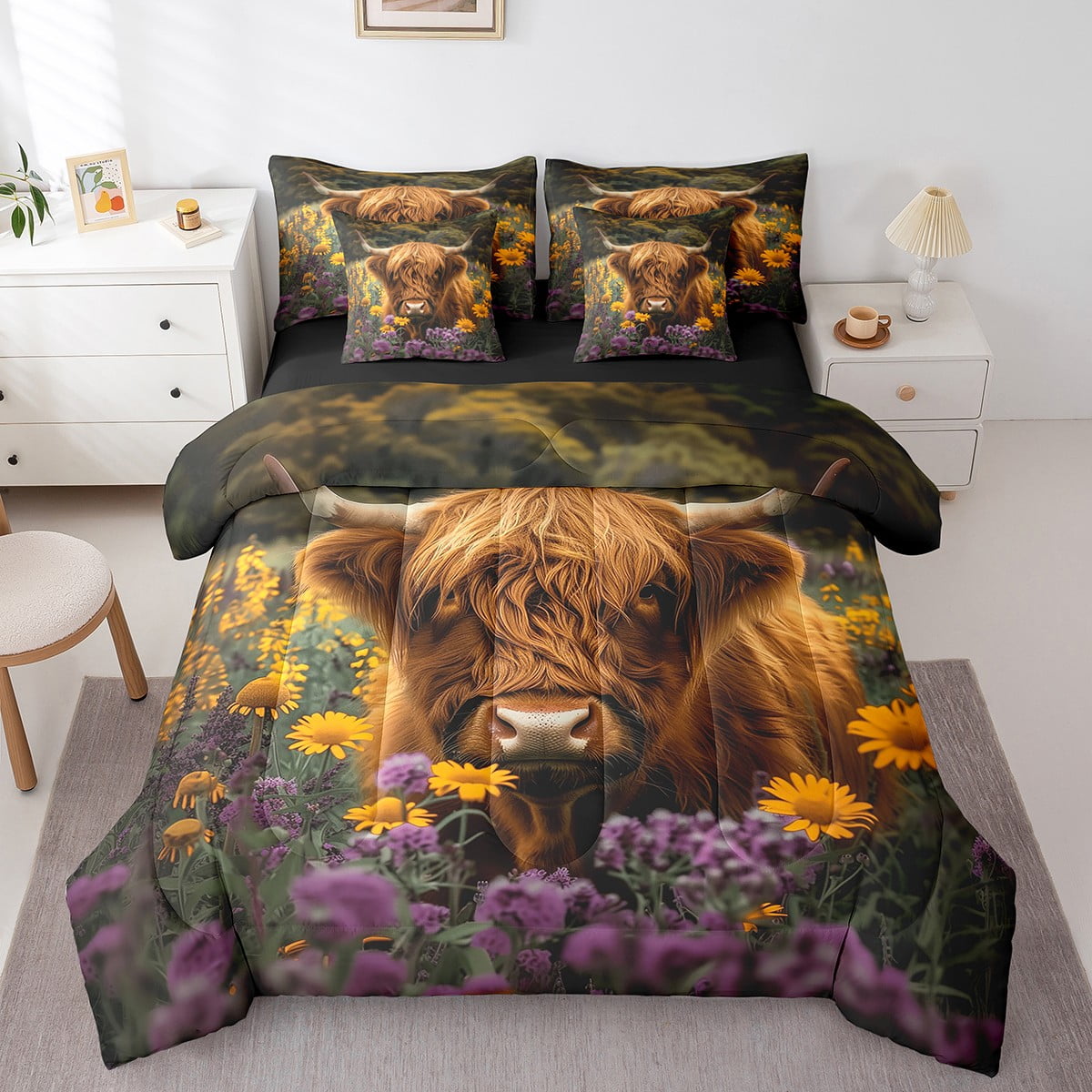 Erosebridal Teens Highland Bull Bedding Queen Comforter Set, Vibrant Daisy Down Comforter ...