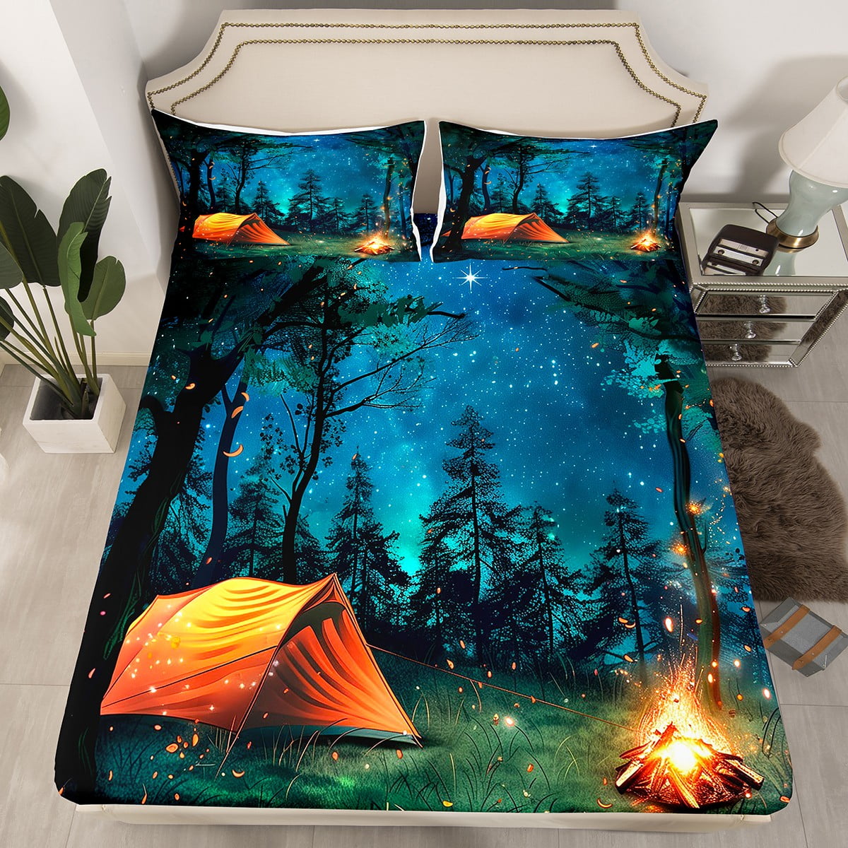 Erosebridal Teens Jungle Camping Fitted Sheet Full,Starry Night Bedding ...