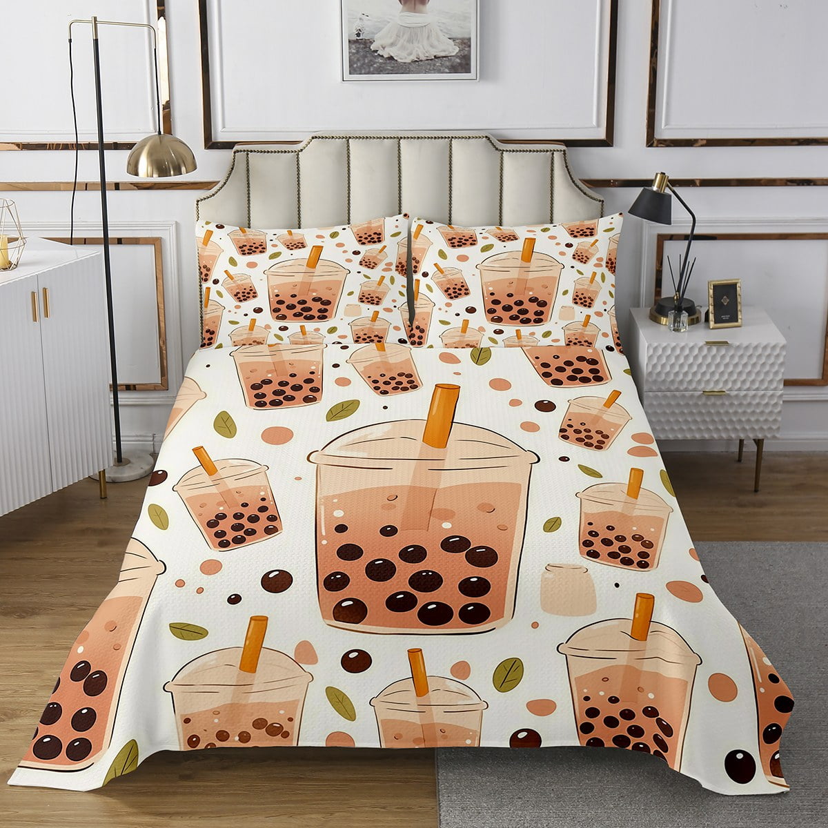 Erosebridal Teens Milk Tea Coverlet Set Queen, Cartoon Boba Bedding Set ...
