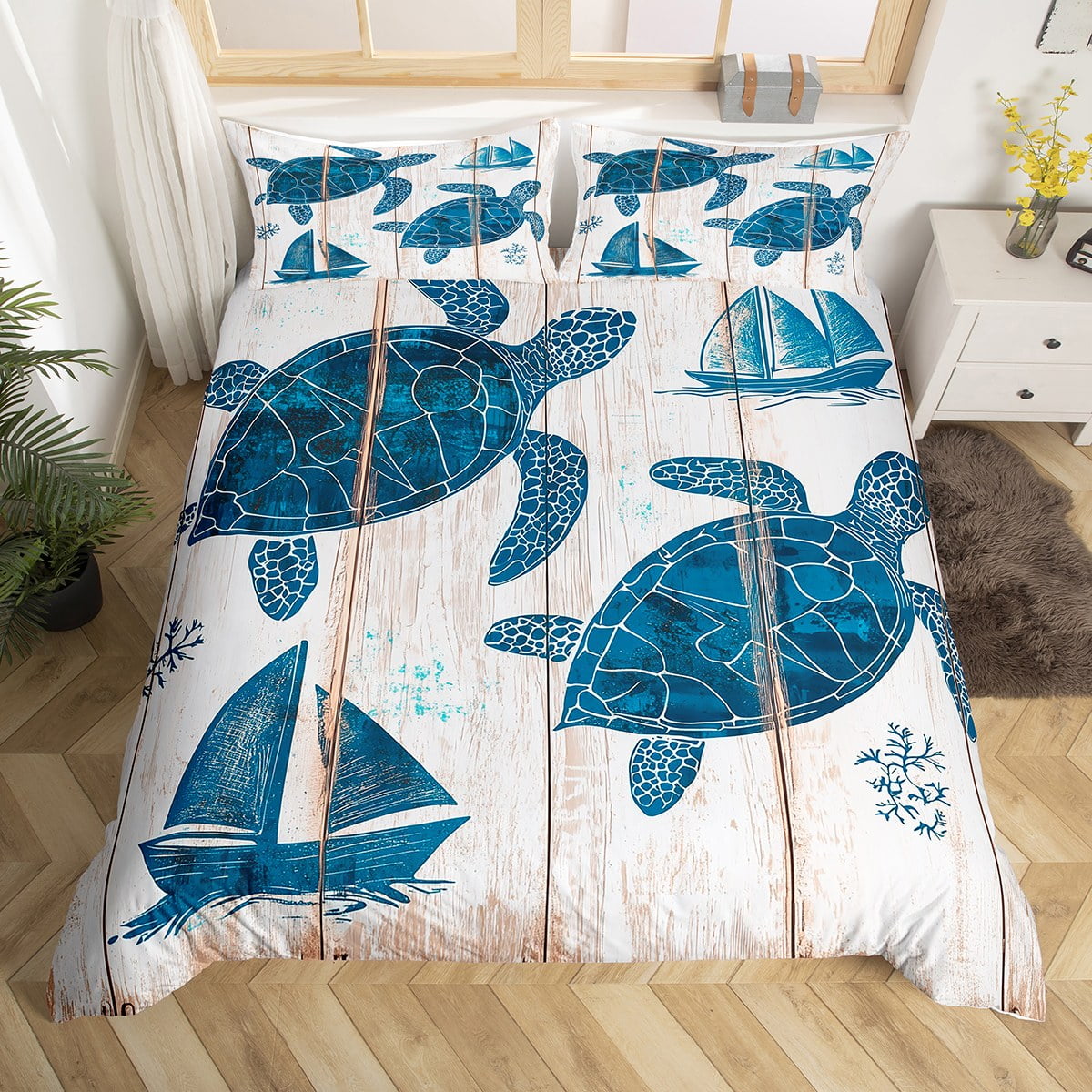 Erosebridal Teens Sea Turtle Comforter Cover Full, Retro Sailboat Duvet Cover Full, Marine ...
