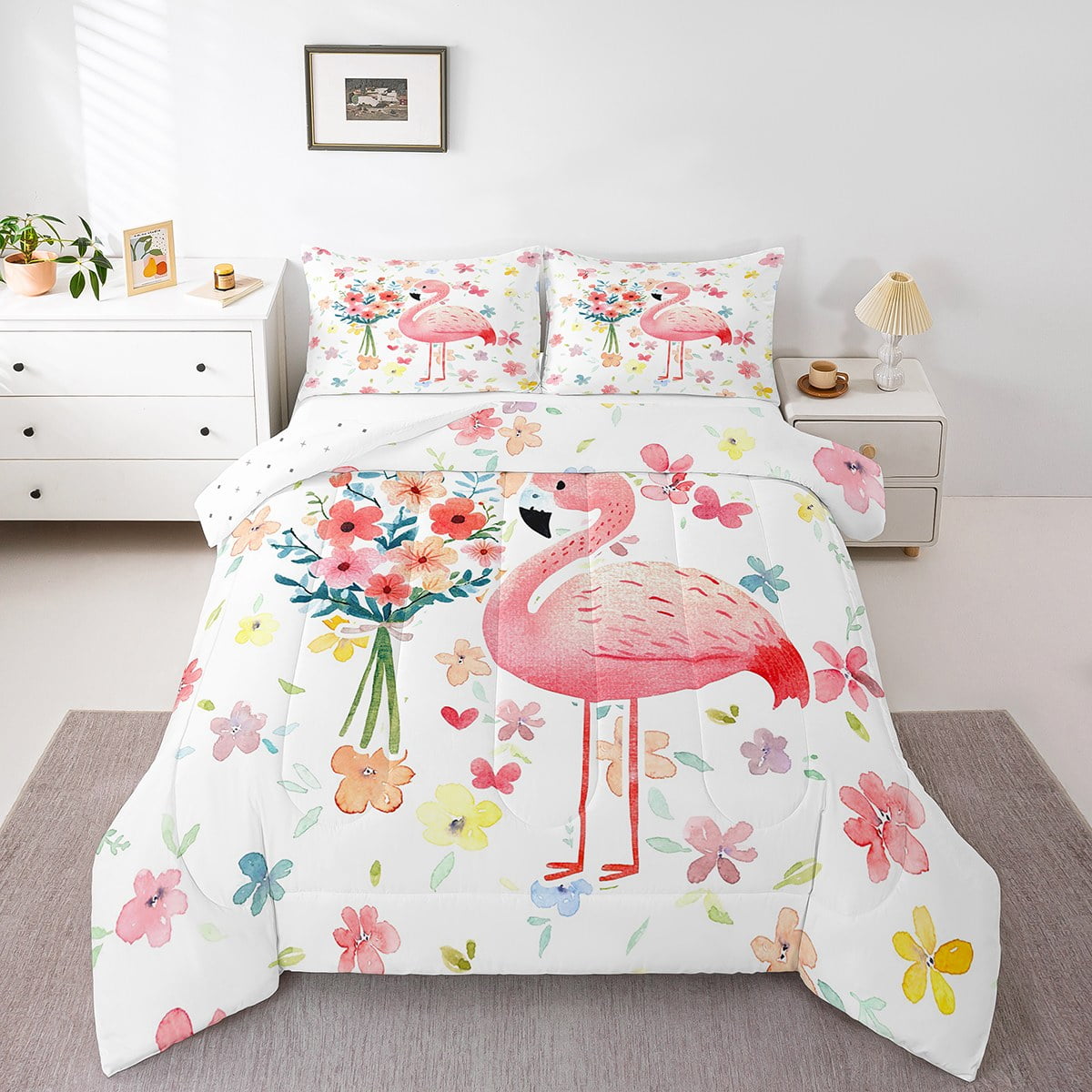 Erosebridal Pink Flamingo Comforter Sets Queen Size,Watercolor Flower ...