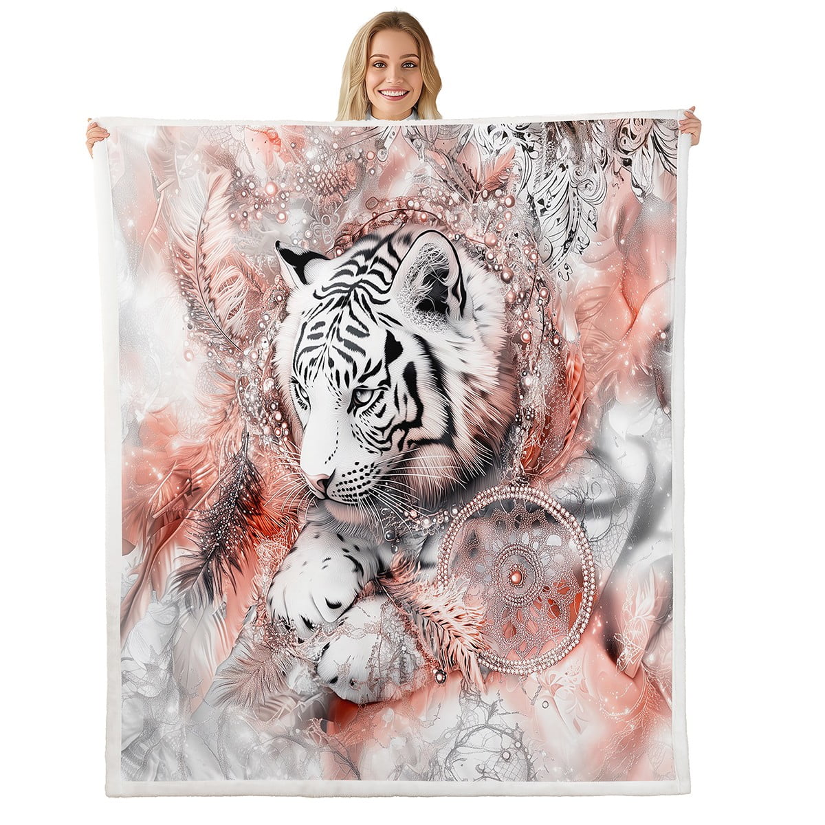 Erosebridal Tiger Fleece Blanket Bed,Boho Animal Dream Catcher Sherpa ...