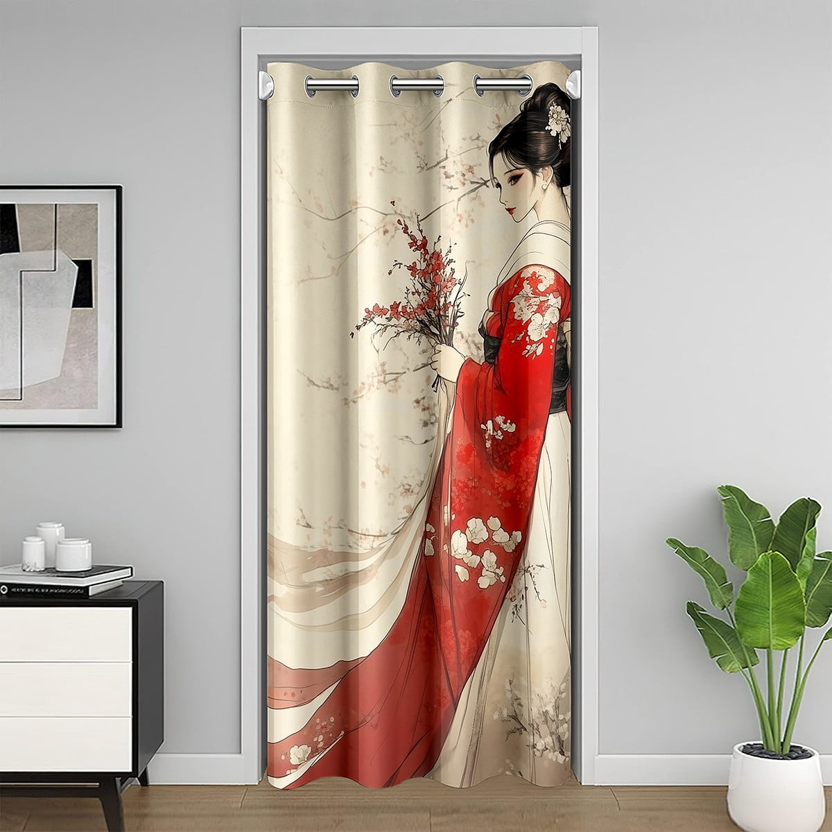 Erosebridal Tokyo Geisha Door Curtain For Door Window 52x84, Red Cherry Blossoms Door Drape ...
