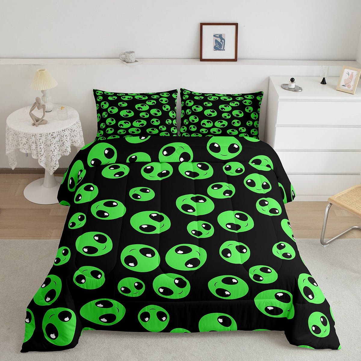 Erosebridal Trippy Alien Comforter Set Queen,Green Alien Bedding Set ...
