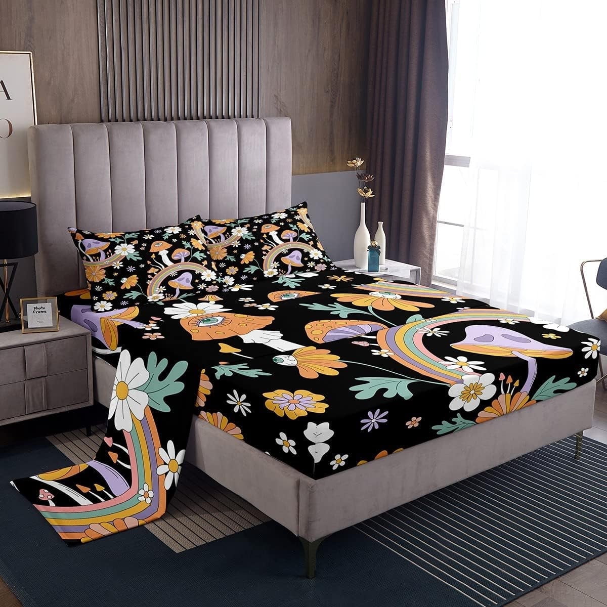 Erosebridal Trippy Mushroom Bed Sheets Groovy Floral Queen Size Sheet ...