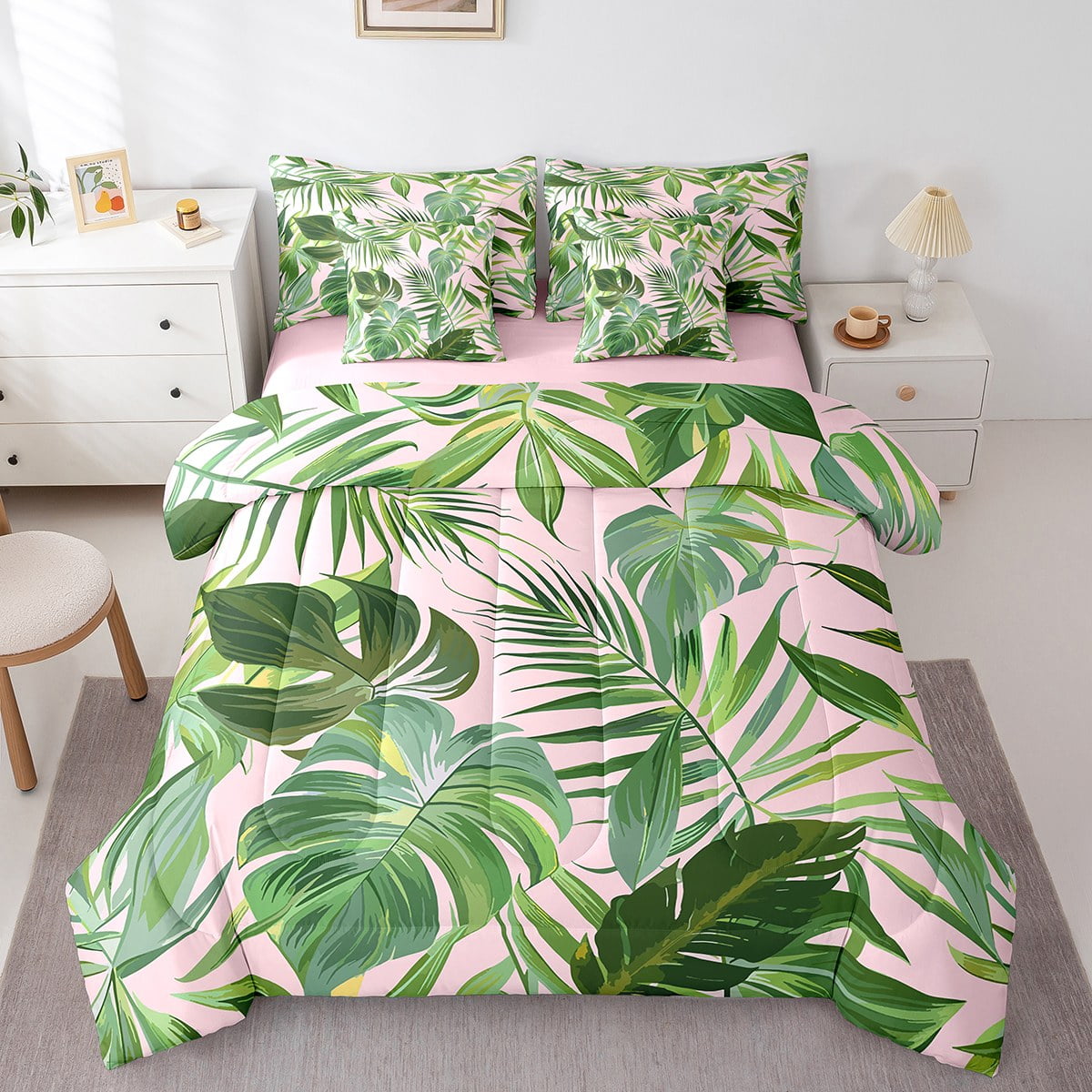 Erosebridal Tropic Leaf Bedding Sets Twin Size, Palm Leaves Comforter Sets with Sheets, Plant ...