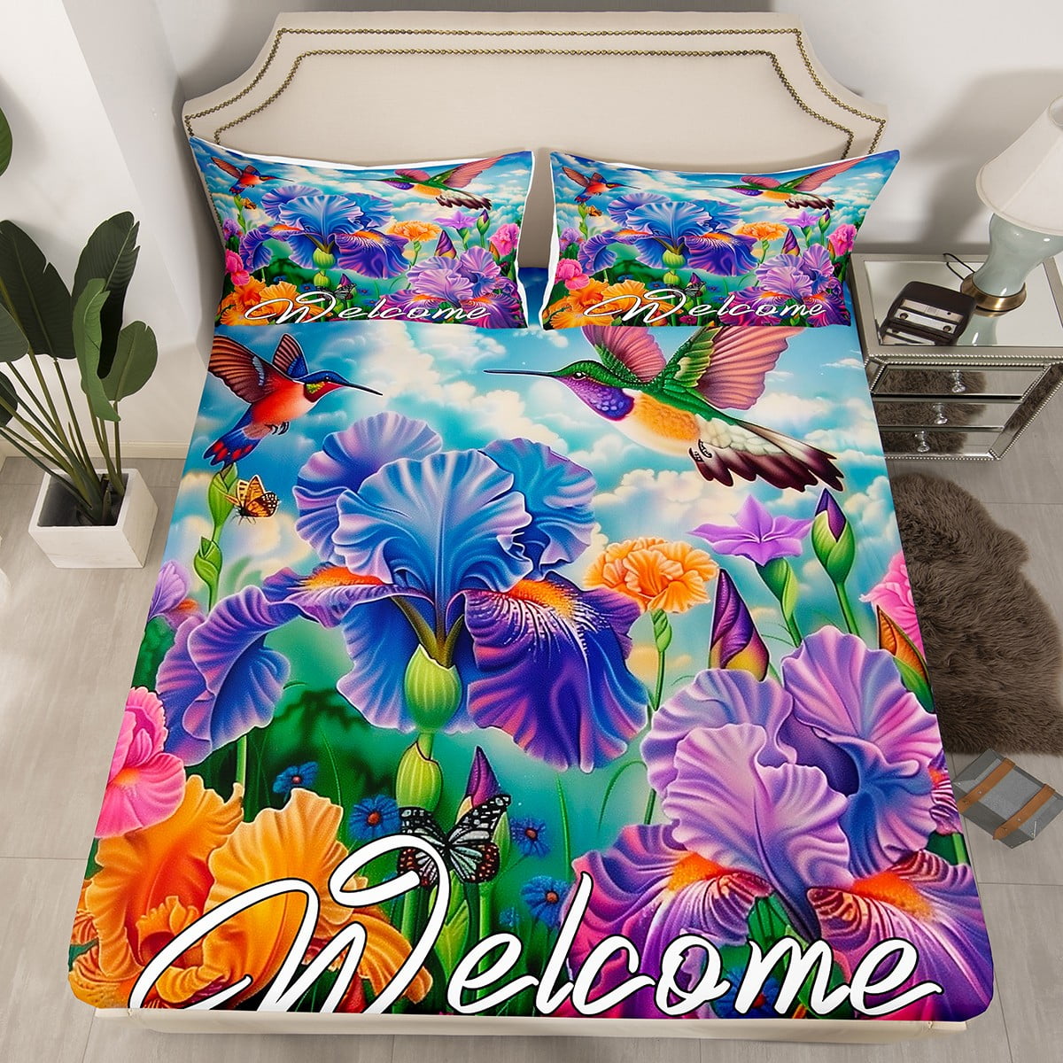 Erosebridal Tropical Hummingbird Bedding Sets Queen Purple Iris Flower ...