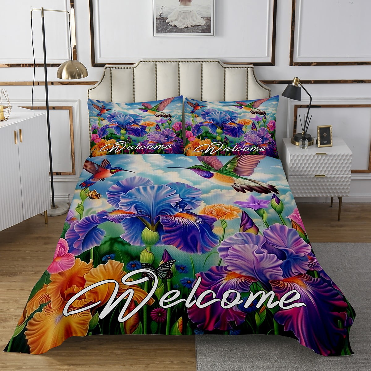 Erosebridal Tropical Hummingbird Quilt Sets Queen Purple Iris Flower ...