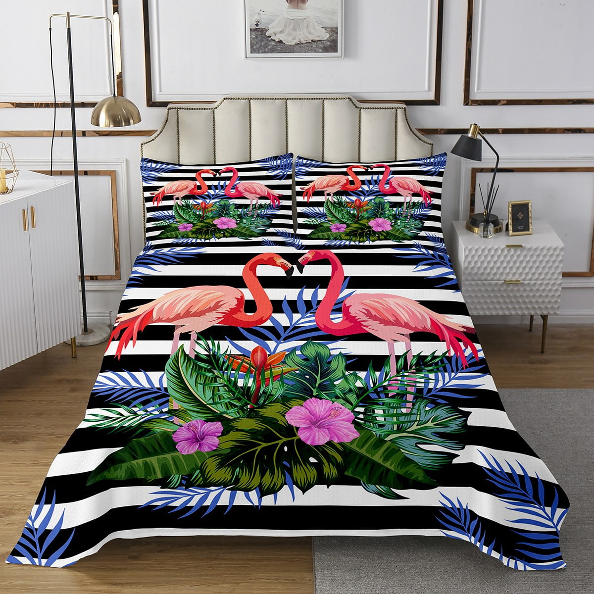 Erosebridal Tropical Plam Quilt Sets for Queen Size Bed, Cute Flamingo ...