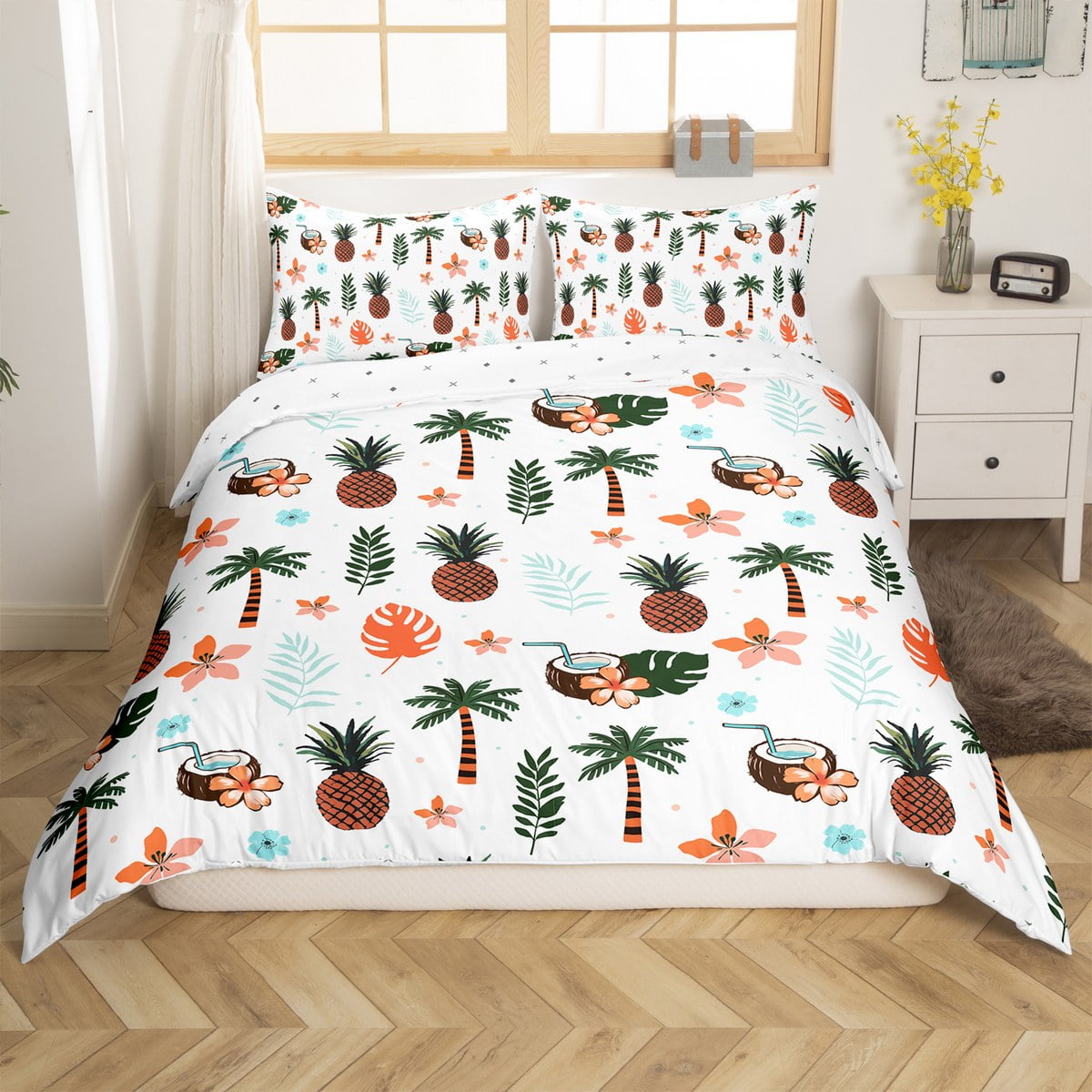 Erosebridal Tropical Summer Duvet Cover Queen, Pineapple Coconut Palm ...