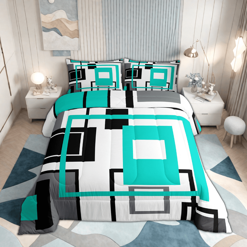 Erosebridal Turquoise Geometric Bed Comforter Sets Black White Teal ...
