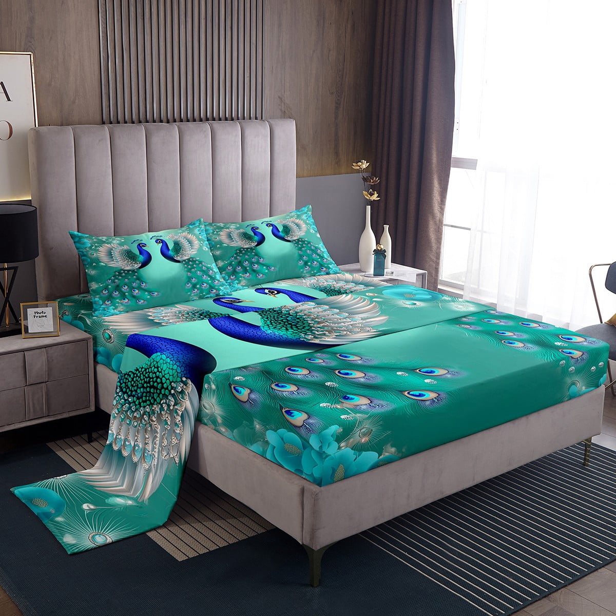 Erosebridal Turquoise Peacock Bed Sheets Set Full Size, Vintage Flower ...