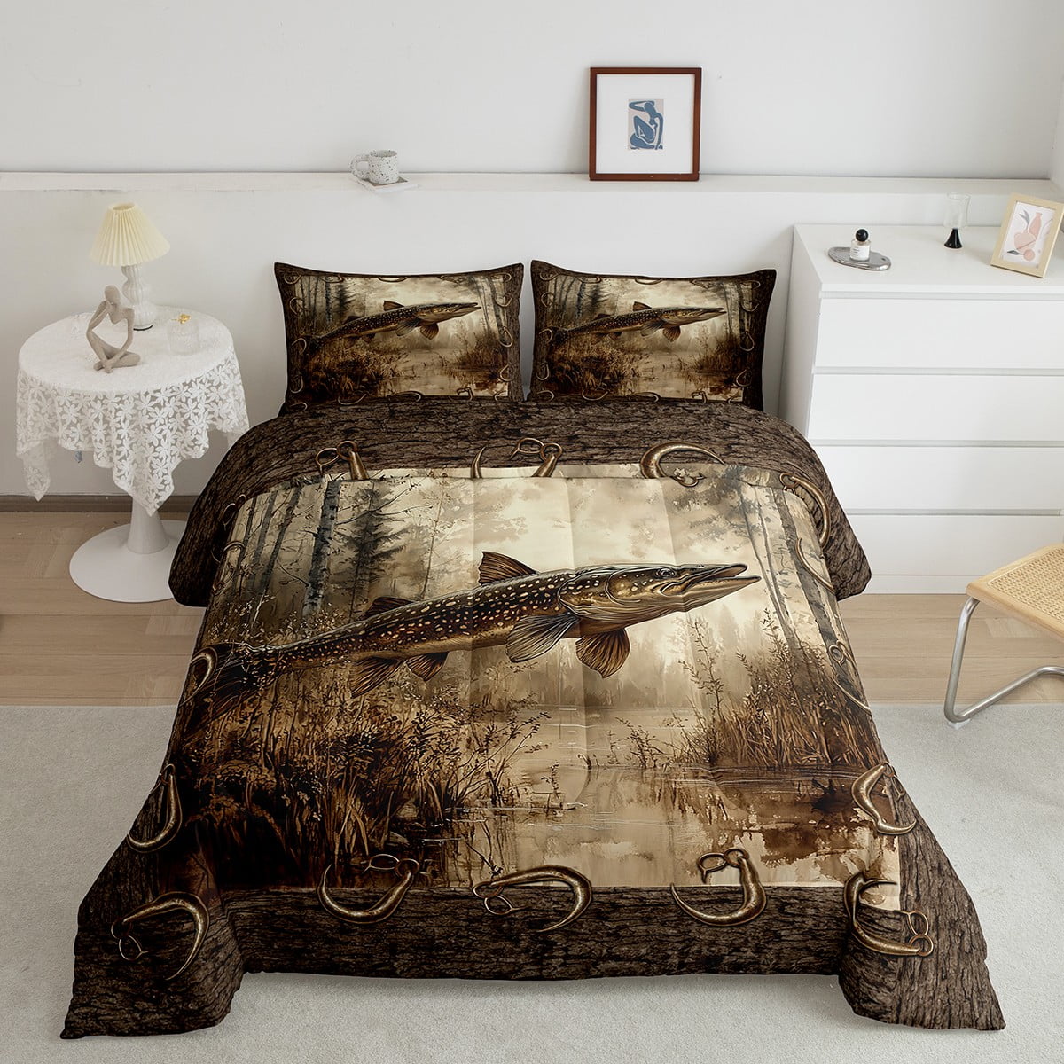 Erosebridal Twin Bass Fish Comforter Set,Vintage Fishing Bedding Set ...