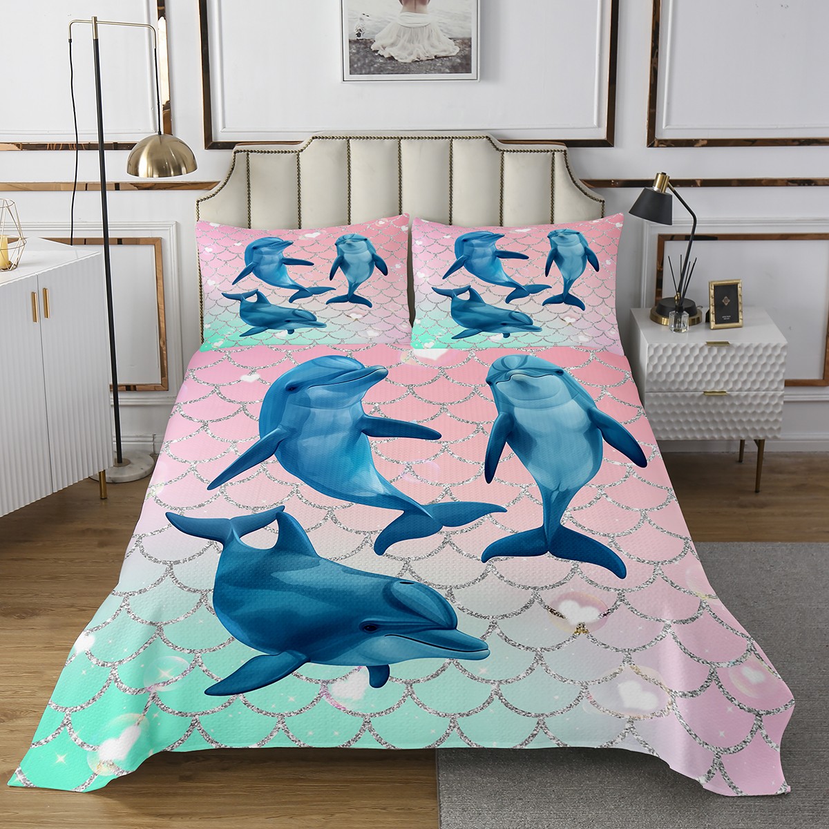 Erosebridal Twin Quilt Set Mermaid Scales Bedspread Set Dolphin Ocean ...
