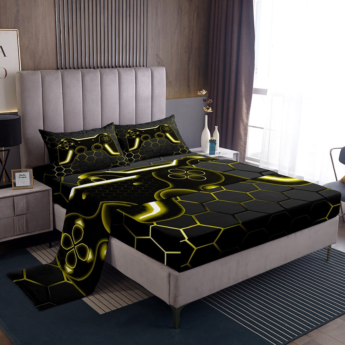 Erosebridal Twin Size Gamer Sheet Set Honeycomb Gaming Bed Sheets For ...