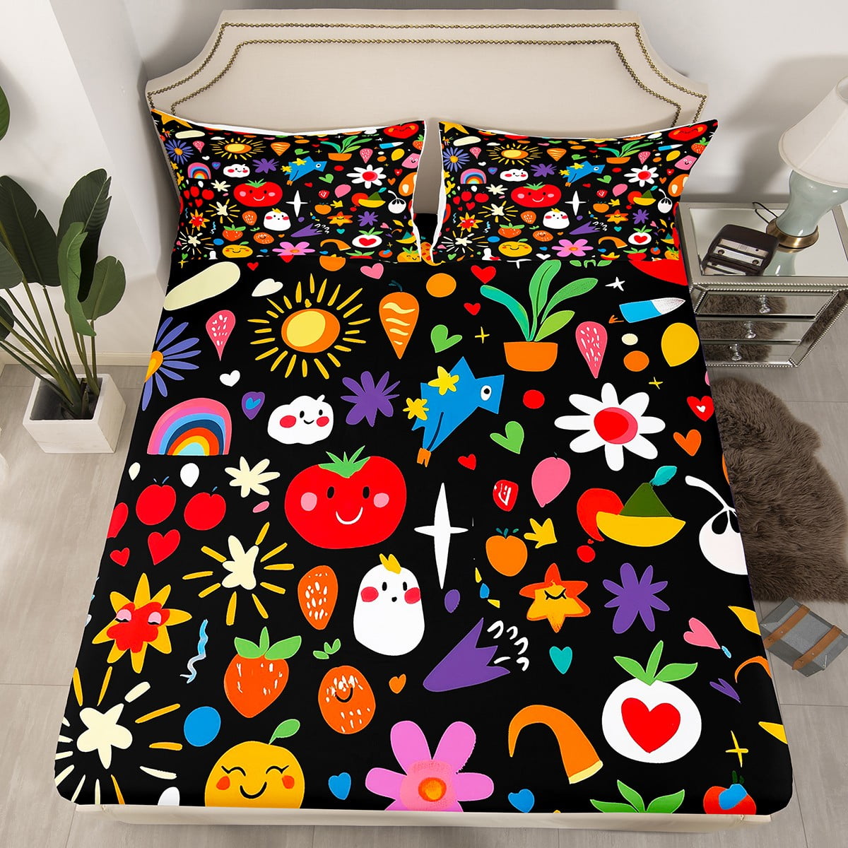 Erosebridal Two Groovy Party Fitted Sheet Set Queen, Botanical Floral ...