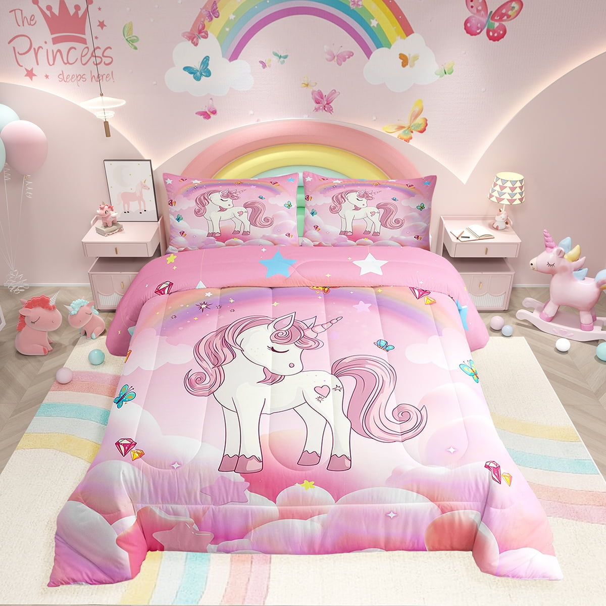 Erosebridal Unicorn Bedding Set for Girls Twin Size Pink Purple Unicorn ...