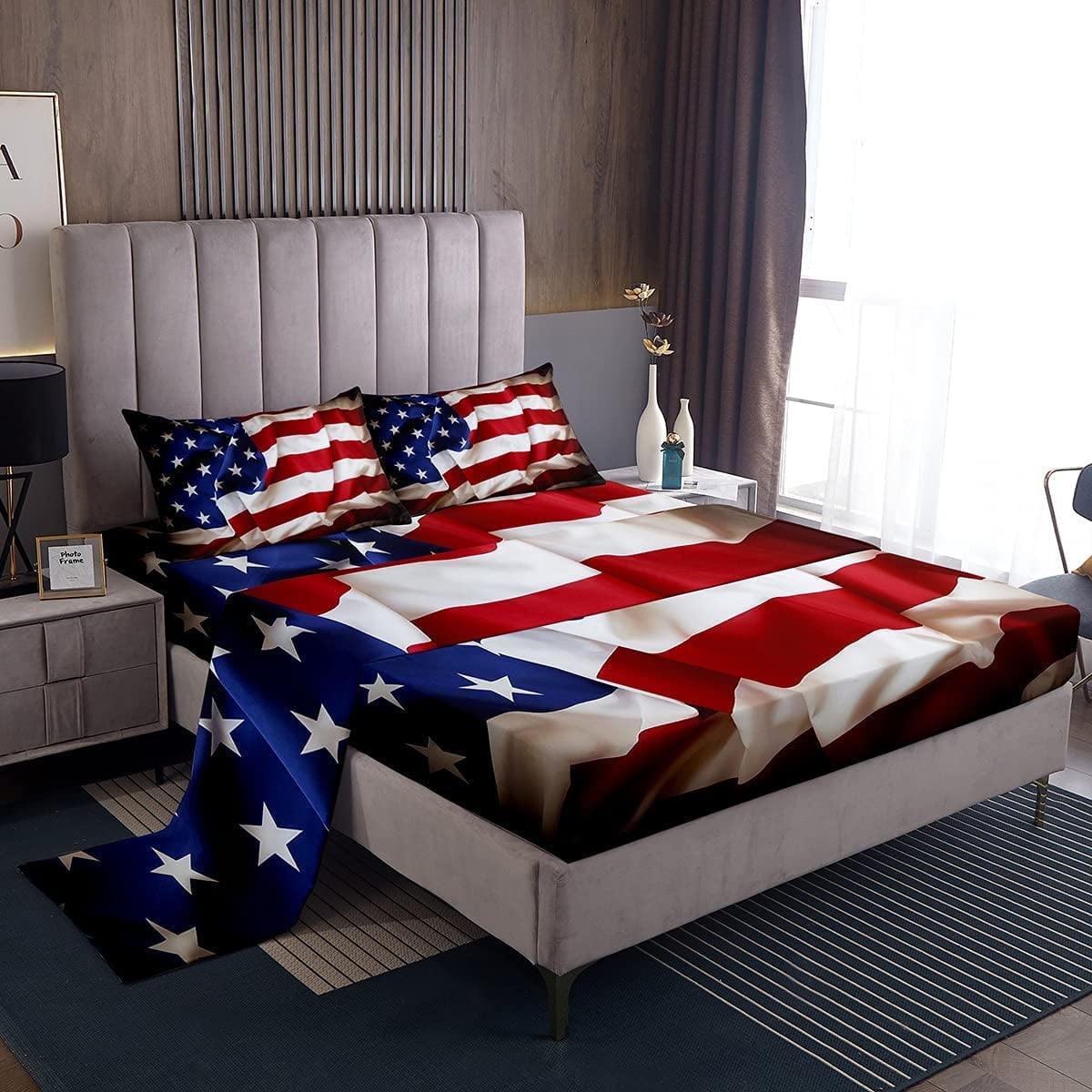 YST Full Size American Flag Sheet Set, Blue Red Geometric Stripes ...