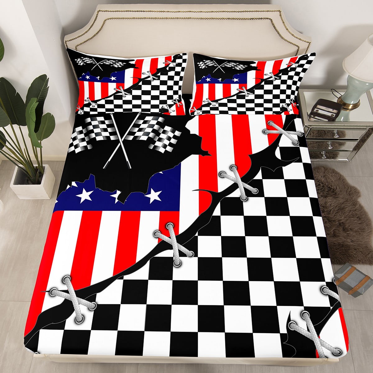 Erosebridal Usa Flag Fitted Sheet Set Queen,Geometric Buffalo Fitted ...