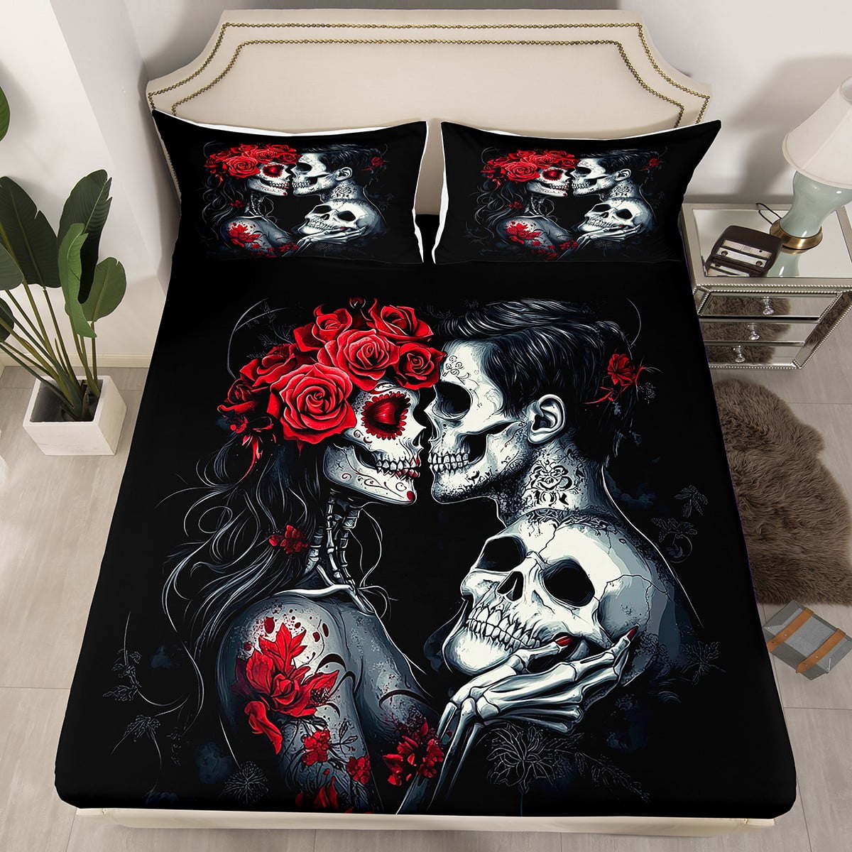 Erosebridal Valentines Day Full Fitted Sheet,Lover Kissing Skull Bed ...