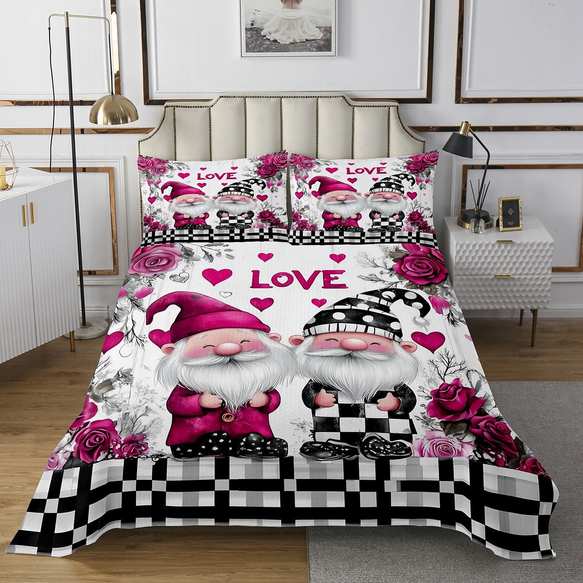 Erosebridal Valentines Gnome Queen Quilt Set, Romantic Rose Love Hearts ...