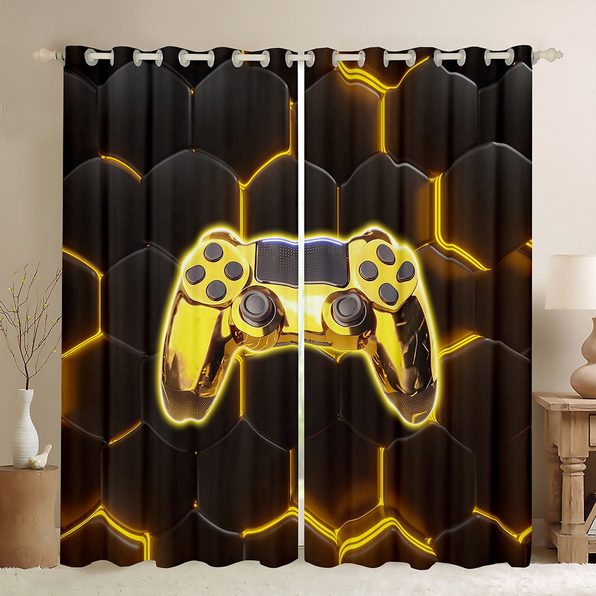 Erosebridal Video Game Curtains for Living Room (52Wx63L),Black Golden ...