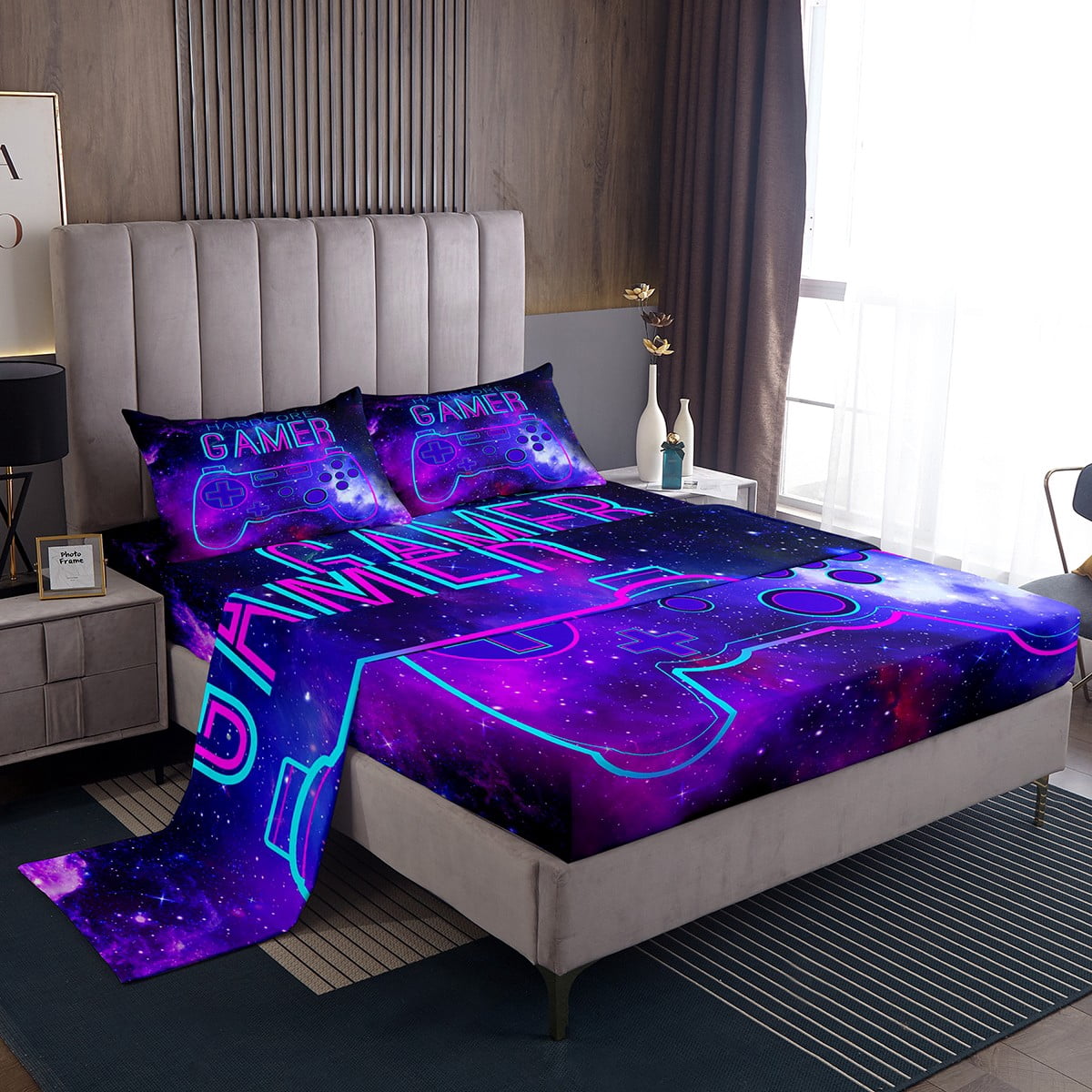 Erosebridal Video Game Gamer Twin Sheet Sets, Purple Galaxy Bedding ...