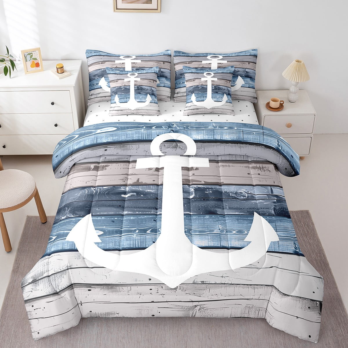 Erosebridal Vintage Anchor Bedding Queen Size, Rustic Blue Gray Stripe ...