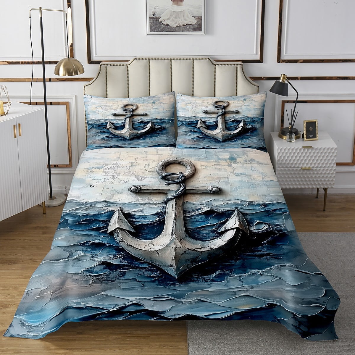 Erosebridal Vintage Anchor Bedspread Sets King Size, Blue Bed Quilt ...