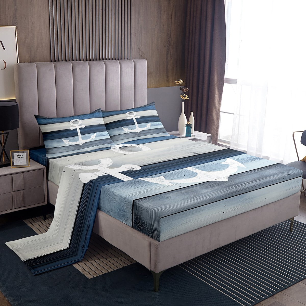 Erosebridal Vintage Anchor King Sheet Sets, Rustic Blue Stripe Bedding ...