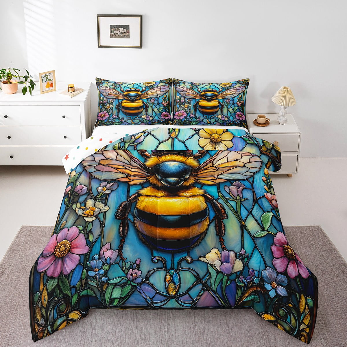 Erosebridal Vintage Bee Comforter Sets King Size, Animal Flower Theme ...