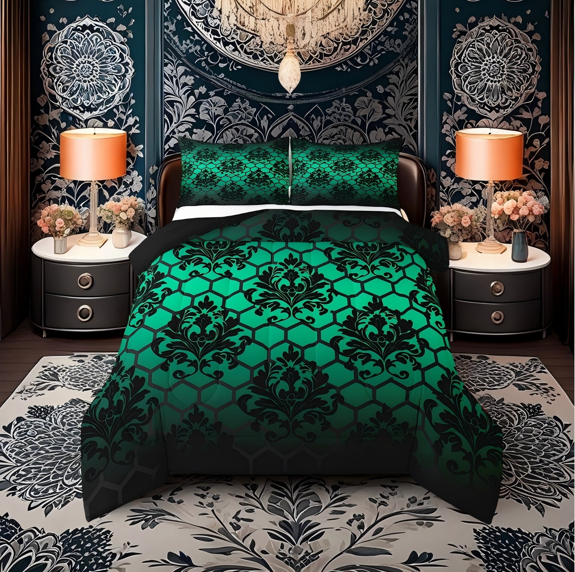 Erosebridal Vintage Boho Damask Comforter Sets Full Size, Green ...