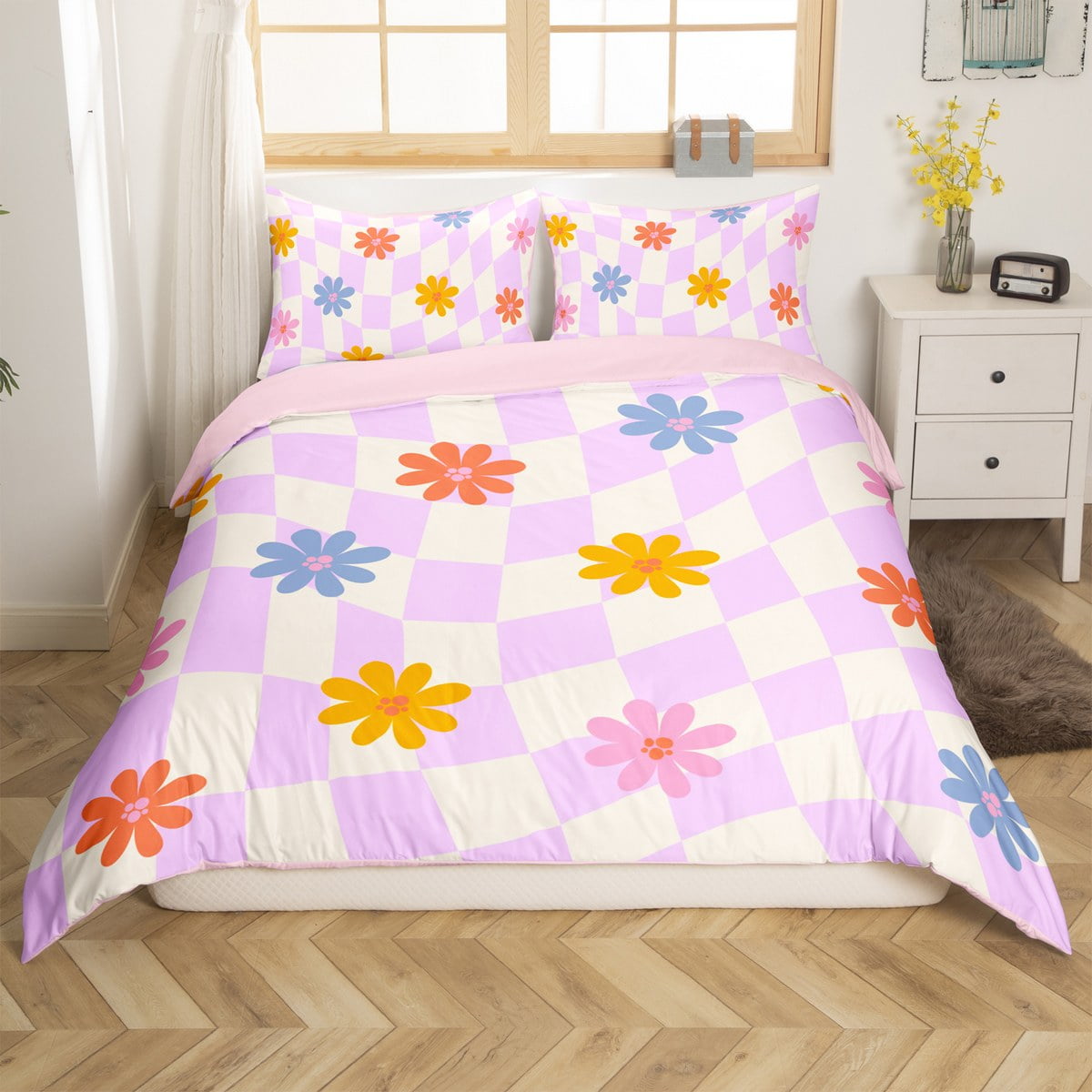 Erosebridal Vintage Daisy Duvet Cover Twin, Purple Plaid Bedding Sets ...