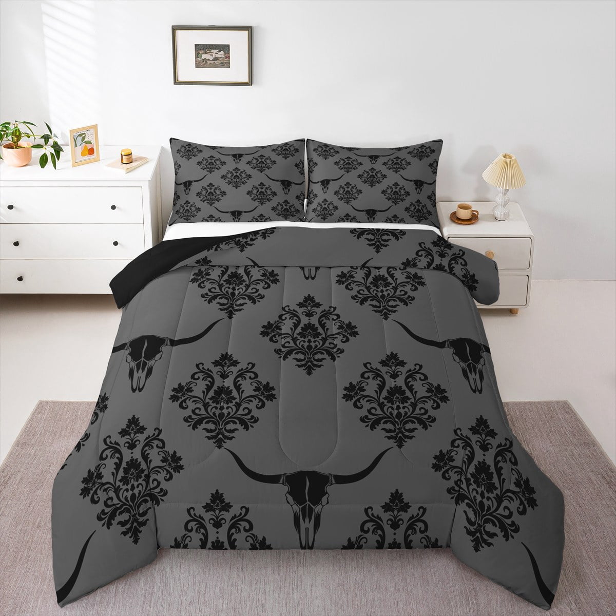 Erosebridal Vintage Damask Comforter Sets Queen Size,Bull Skull ...