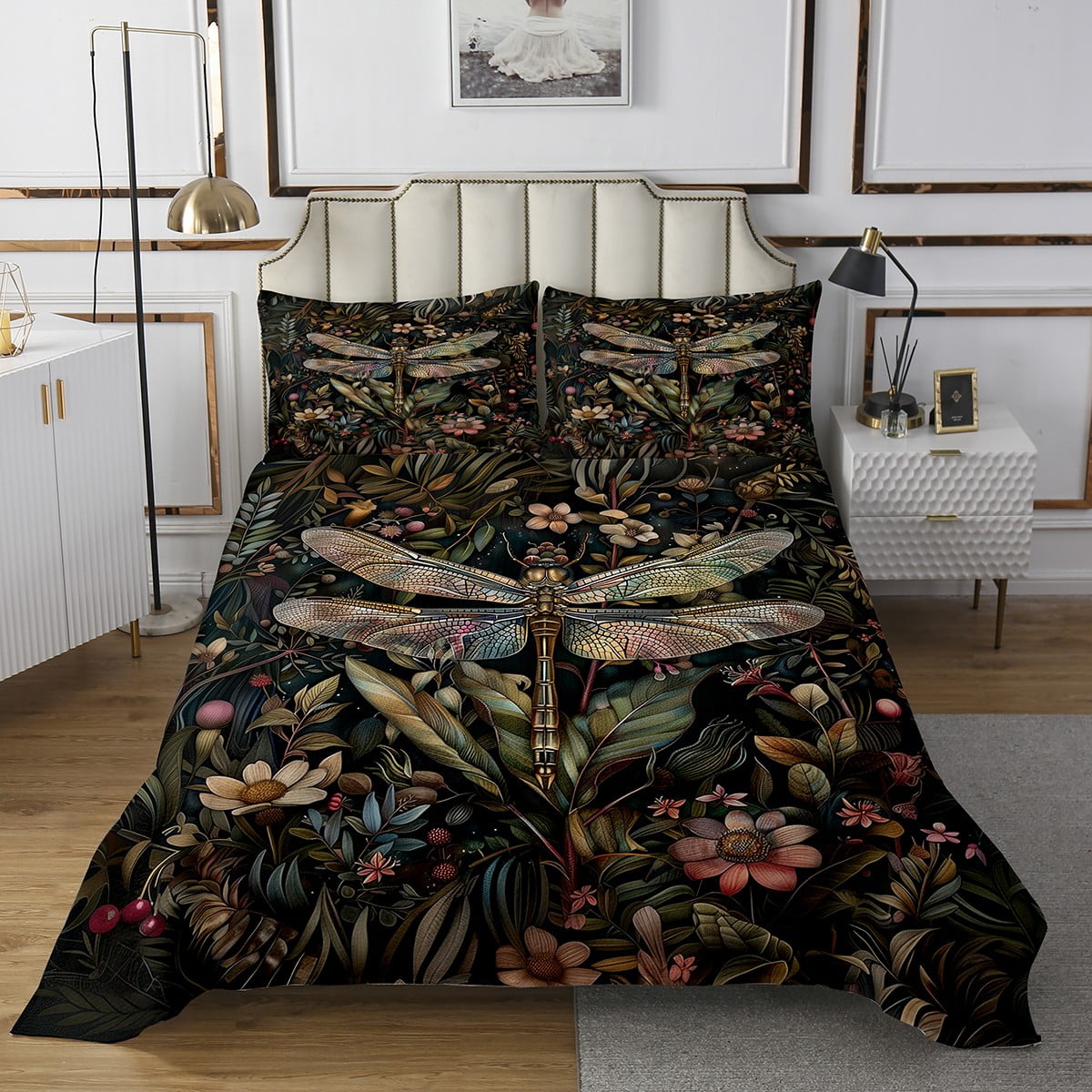 Erosebridal Vintage Dragonfly Bedspread Sets King Size,Botanical Flower ...