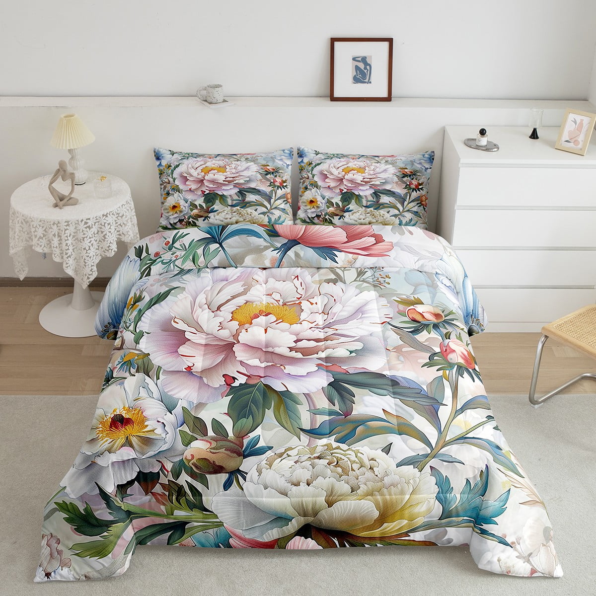 Erosebridal Vintage Flower Comforter Sets Full Size, Peony Print Down ...