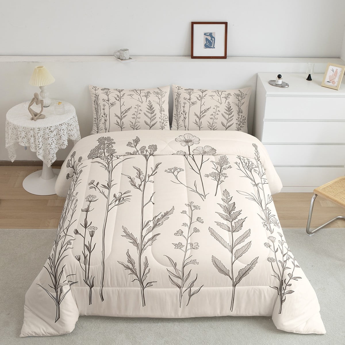 Erosebridal Vintage Flower Comforter Sets King Size, Beige Grey Down ...