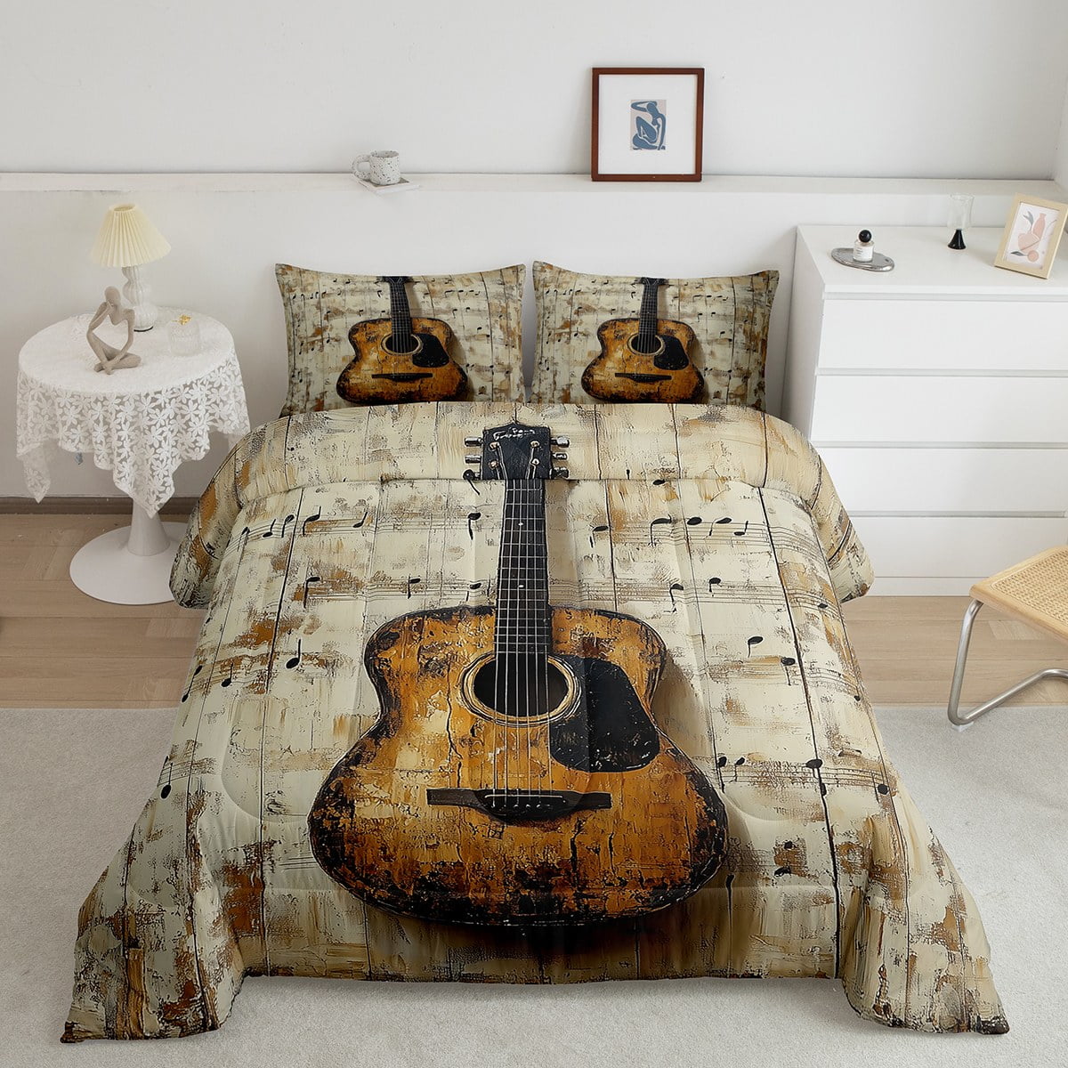 Erosebridal Vintage Guitar Comforter Sets King Size, Retro Oil Painting ...