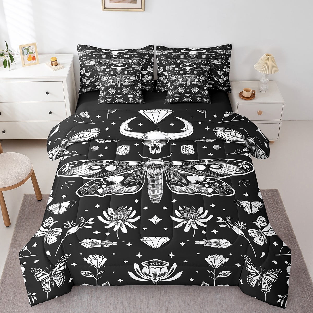 Erosebridal Vintage Moth Bedding Sets Queen Size, Boho Flower Butterfly ...
