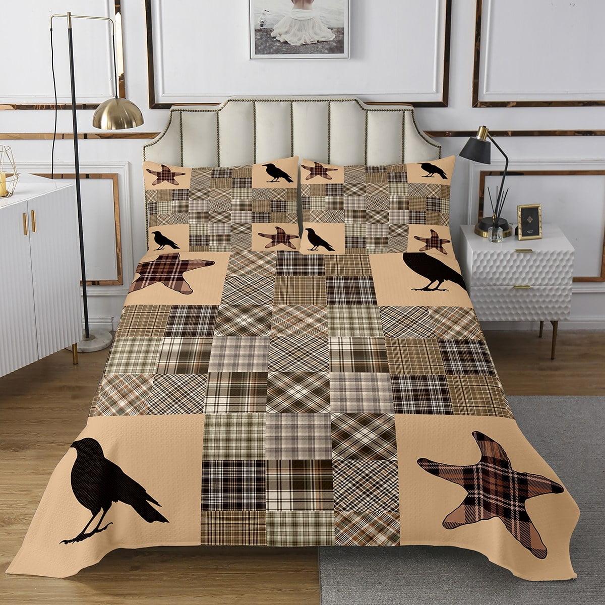 Erosebridal Vintage Plaid Bedspread Sets Queen Size, Black Crow Bed Quilt, Buffalo Starfish ...