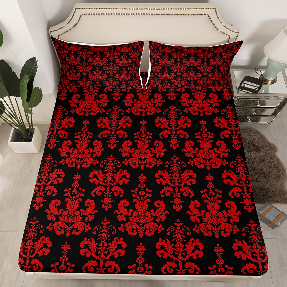 Erosebridal Vintage Red Ombre Floral Fitted Sheet Paisley Damask Bed ...