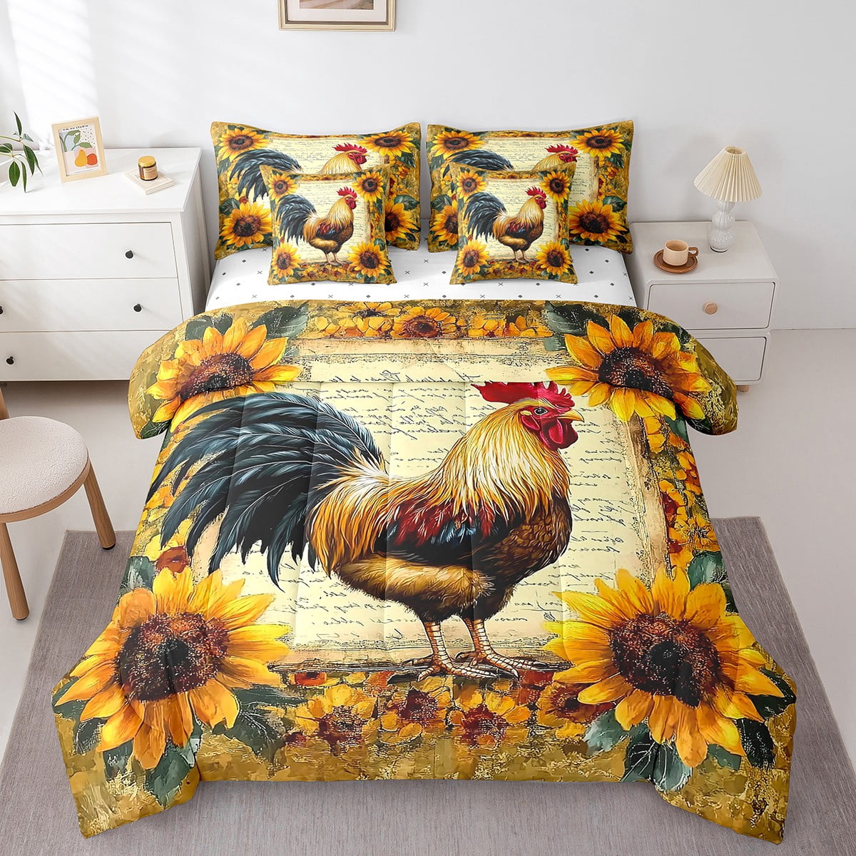 Erosebridal Vintage Rooster Bedding Sets Queen Size, Chic Sunflower ...