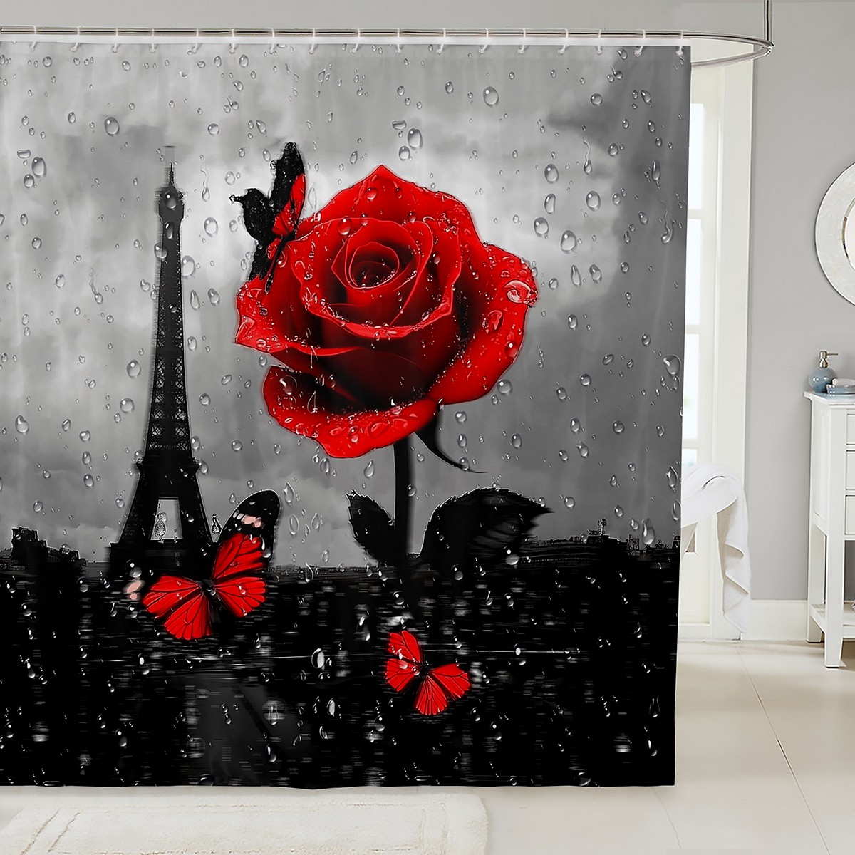 Erosebridal Vintage Rose Shower Curtain, Red And Black Rose Flower ...