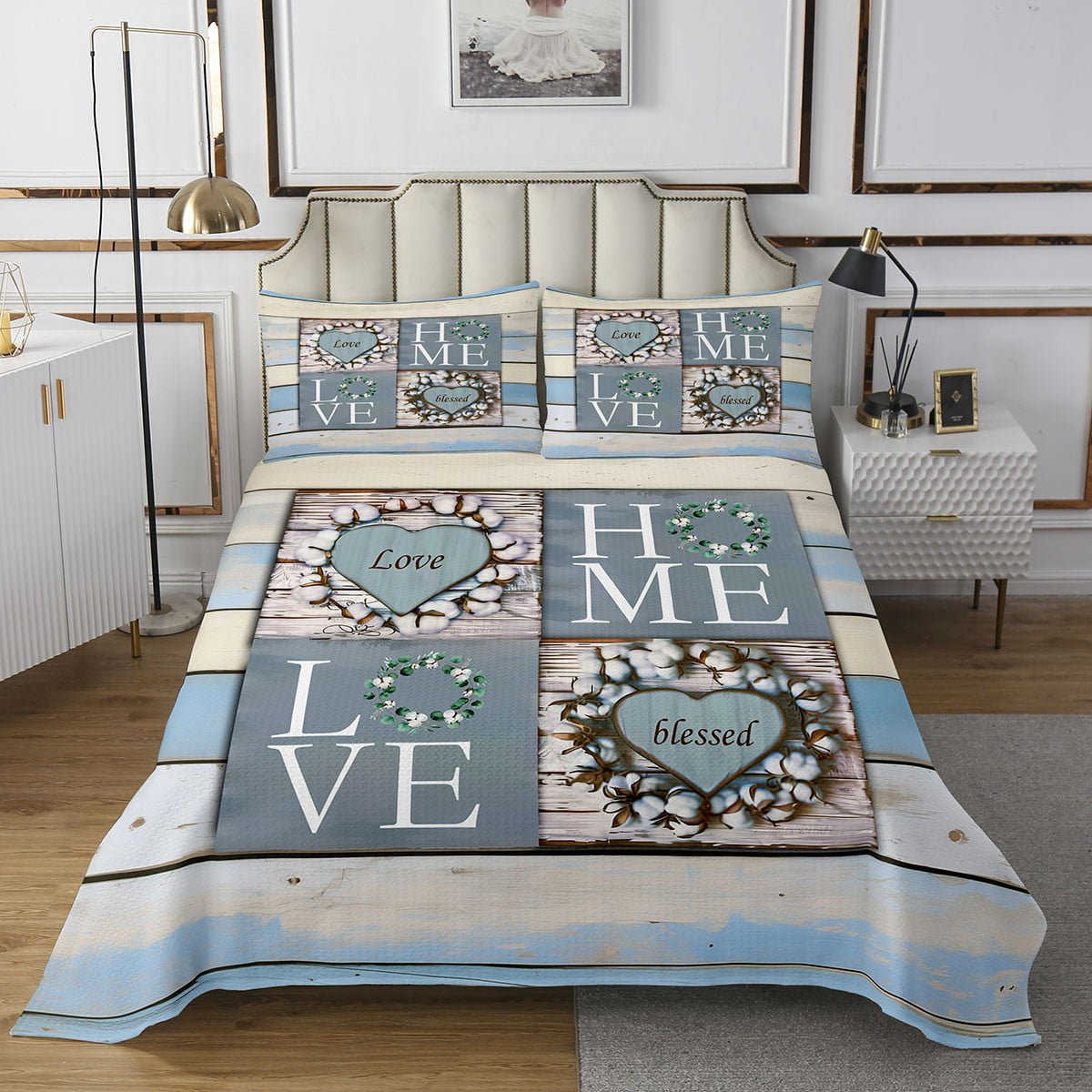 Erosebridal Vintage Rustic Coverlet Set King,Farmhouse Lodge Cabin Bedding Set,Blue,Ultra Soft,3 ...