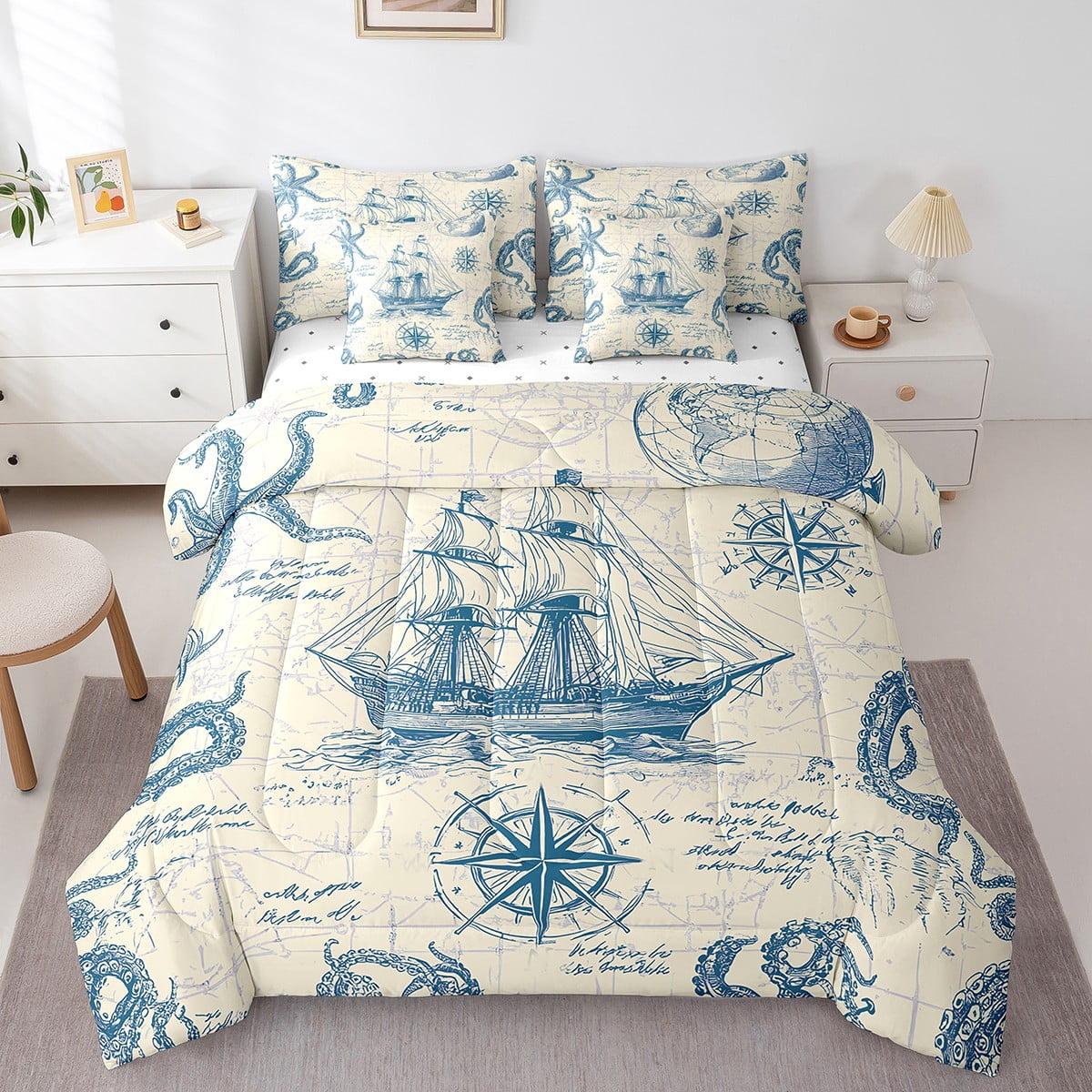 Erosebridal Vintage Sailboat Bed in a Bag Queen size, Nautical Compass Bed Set, Ocean Theme ...